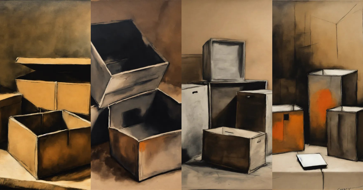 Lexica - 3 open empty, small boxes still life in charcoal, expressive ...
