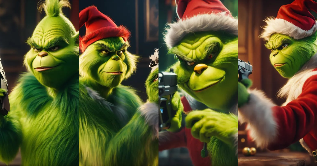 Lexica - A classical painting of The Grinch holding and aiming a 9mm ...