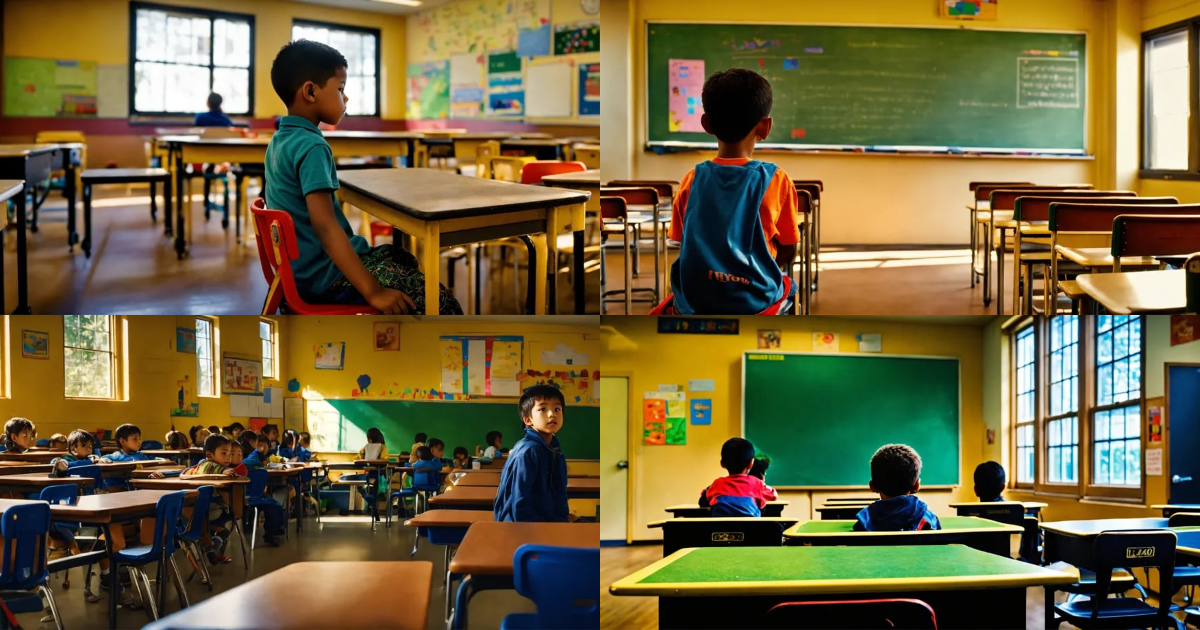 Lexica - Child sitting with his back in a classroom, fresh perspective ...