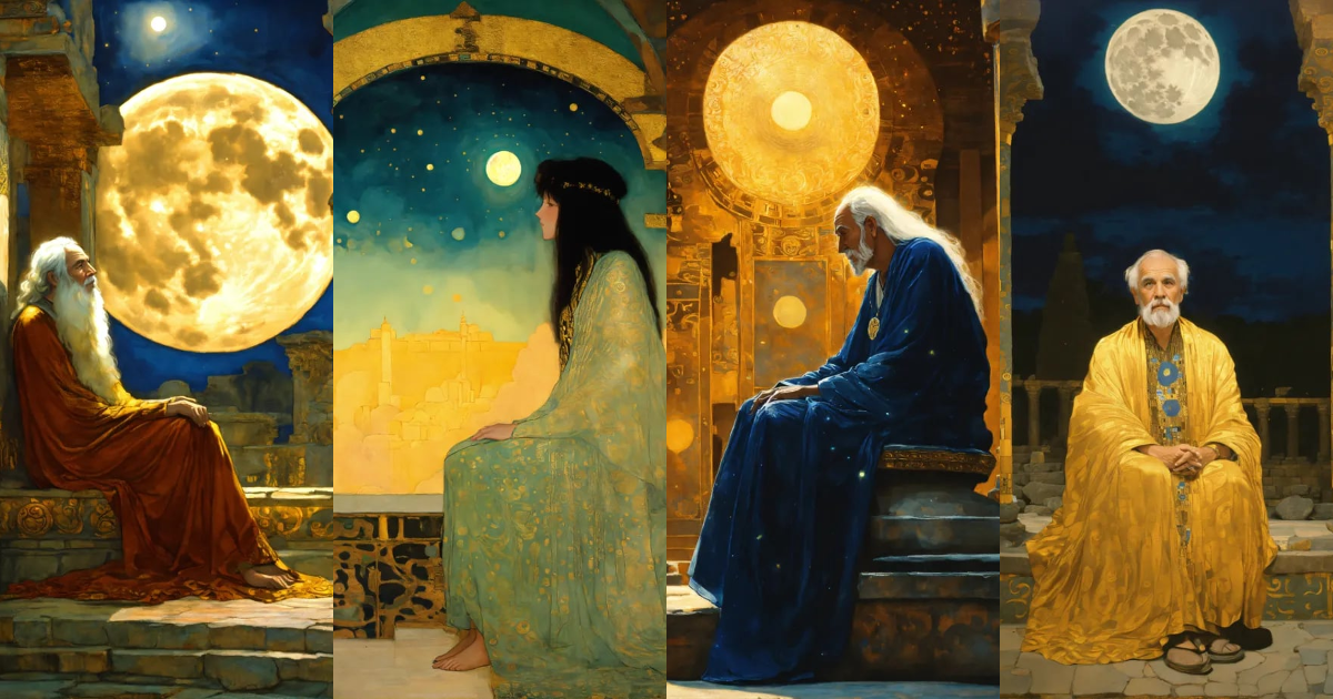 Lexica - A wise elder sitting in ancient temple ruins with ethereal ...