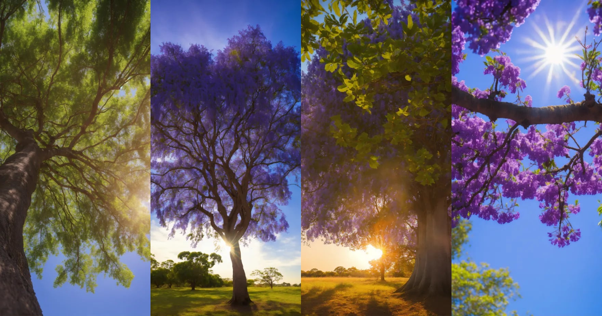Lexica - Jacaranda, blue sky, trees and sun shining in the background ...