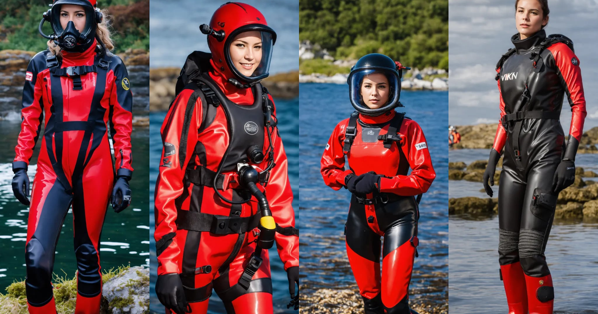 Lexica - Female diver in red and black glossy viking drysuit