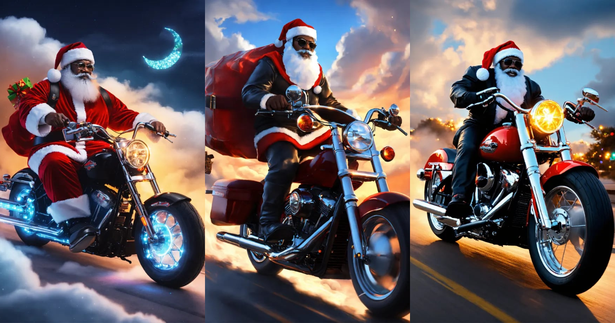 Lexica - Black Santa riding a Harley motorcycle with glowing tire rims ...