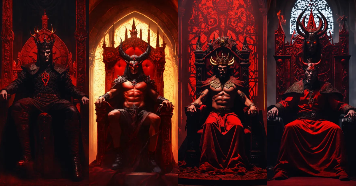 Lexica - Satan with crown on his head, sitting on his throne,red eyes ...