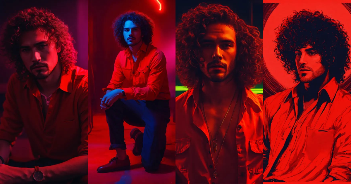 Lexica - Creates a neon noir style image of a man who wears a red shirt ...