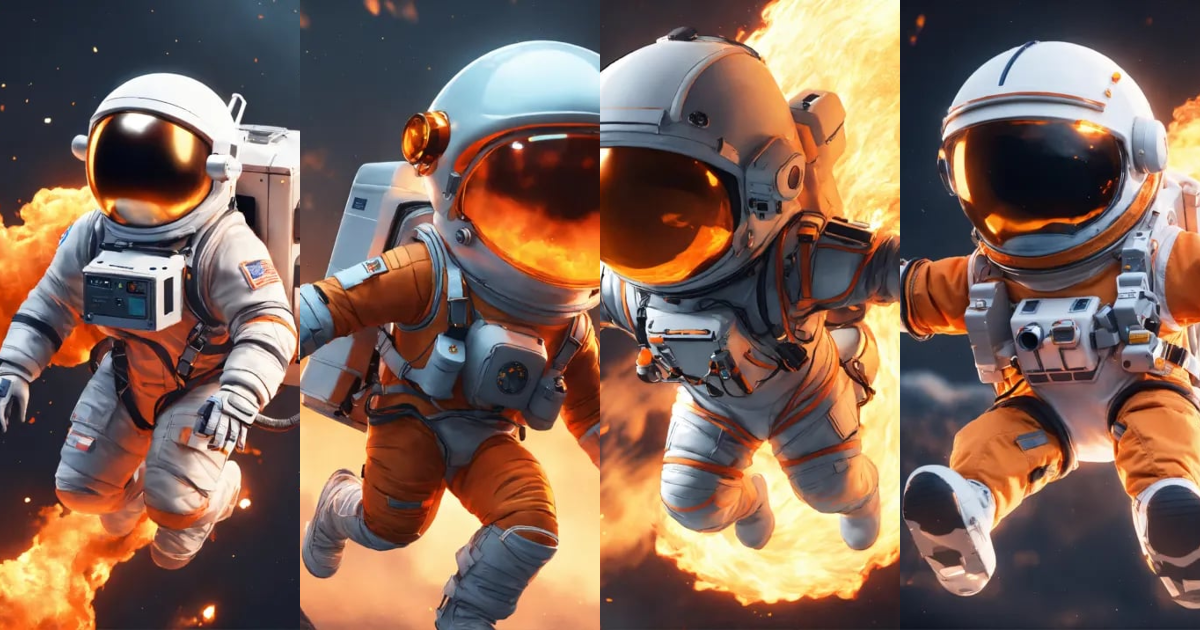 Lexica - Cute Astronaut Flying with jetpack with fire orange and gray 8k