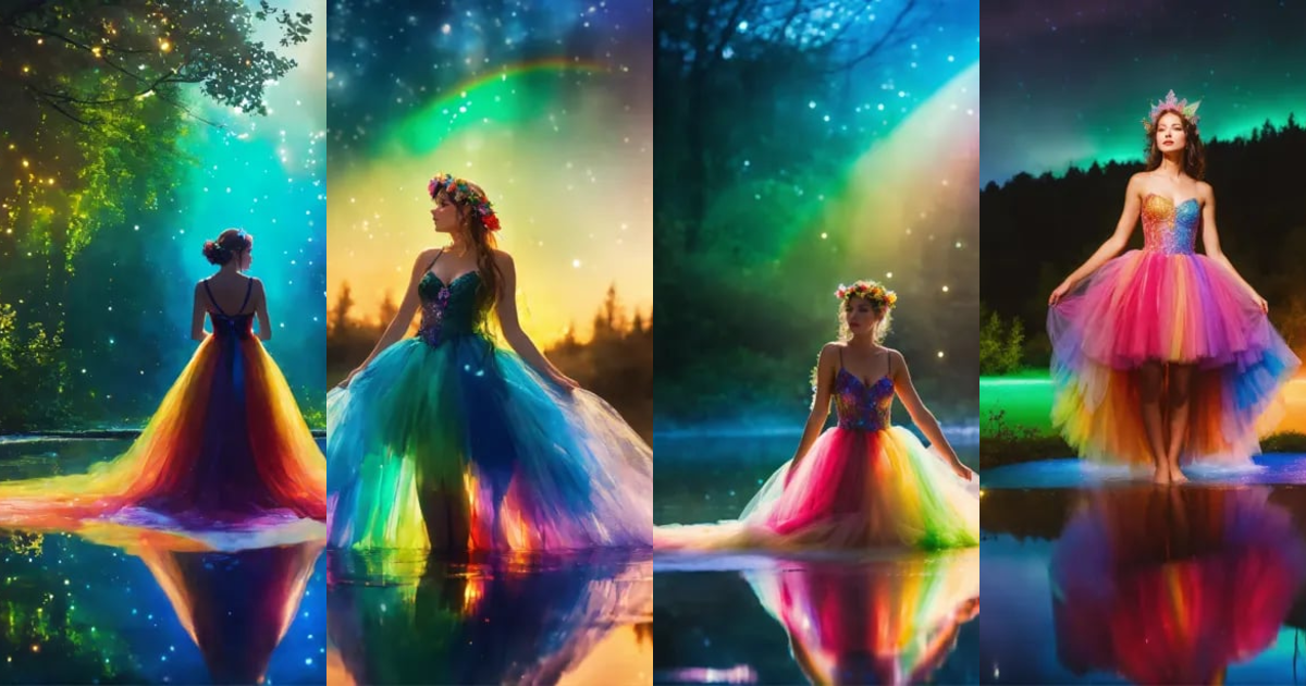 Lexica - Beautiful rainbow fairy in a tulle dress in a reflection pool ...