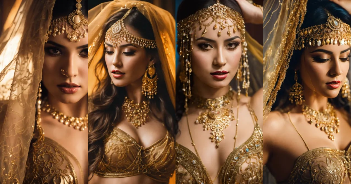 Lexica - Photo portrait of dynamic belly dancer dancing in oriental palace. wearing gold chains ...