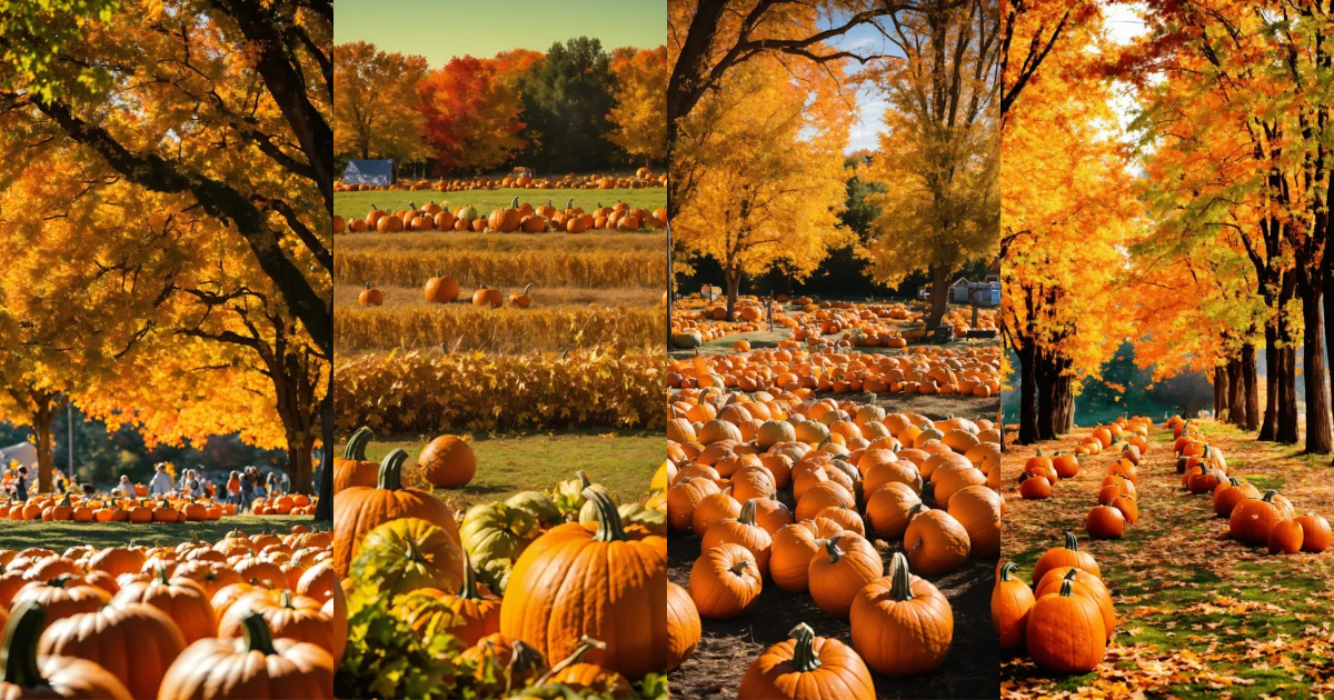 Lexica - Fall festival pumpkin patch scene with trees changing colors