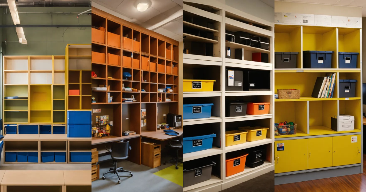 Lexica - Open cubbies side by side in a work room;