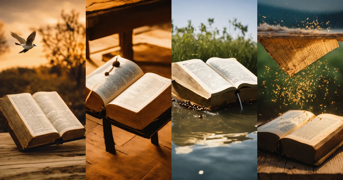 Lexica - A Bible made of wood floating in the air