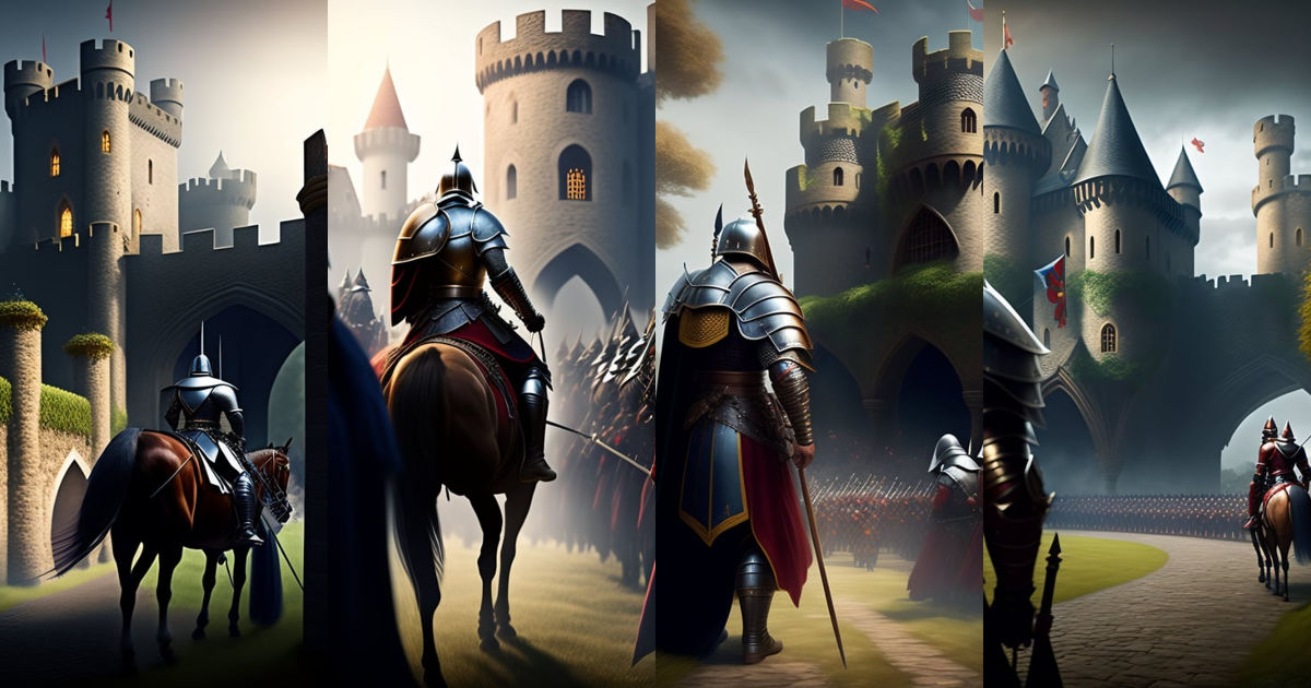 Lexica - Wide photo , realistic , armored knight ,interring the castle ...