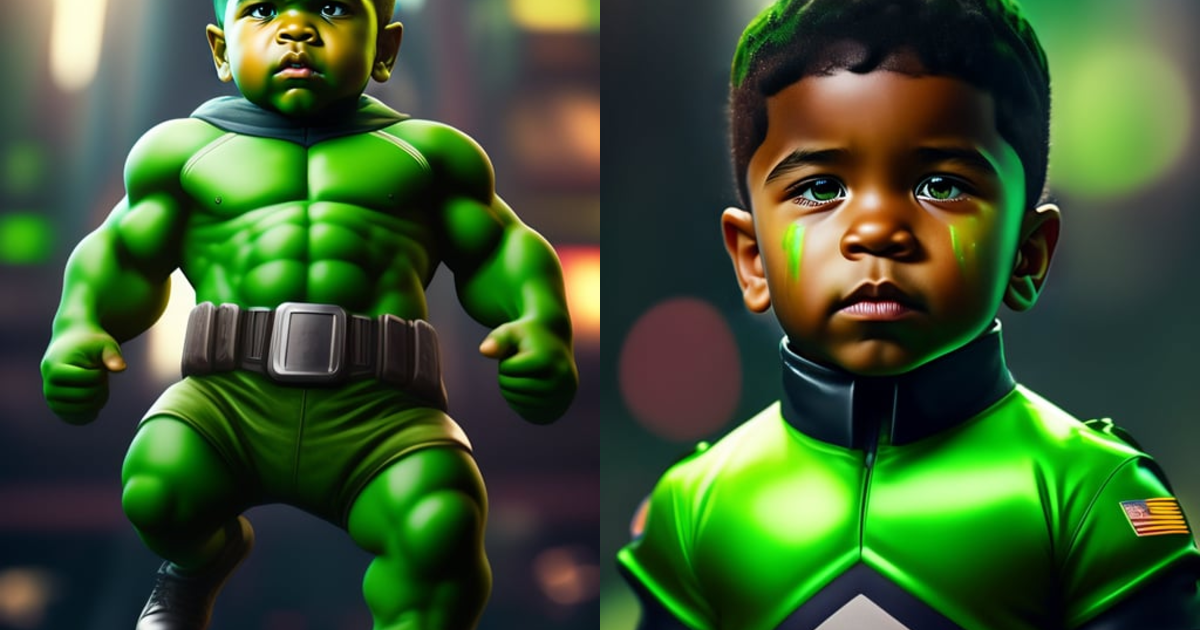 Lexica - Photorealistic muscular green skinned child Hulk, in an ...