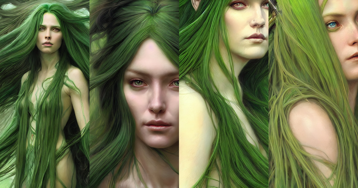 Lexica - A nature goddess long green hair - text, art by donato ...