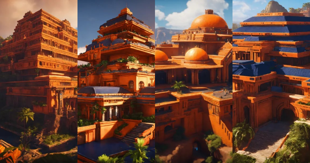 Lexica - Full image of a massive orange Aztec sci fi palace with a navy ...