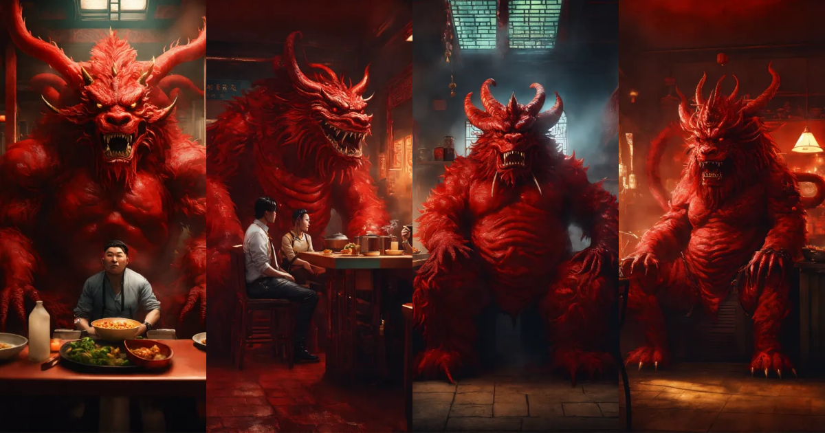 Lexica - A huge red chinese monster is sitting in front of a kitchen ...