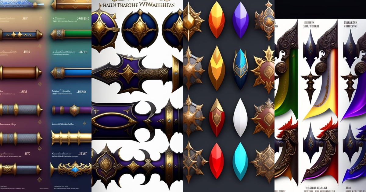 Lexica - Design sheet of various magic fantasy weapons, varied colors