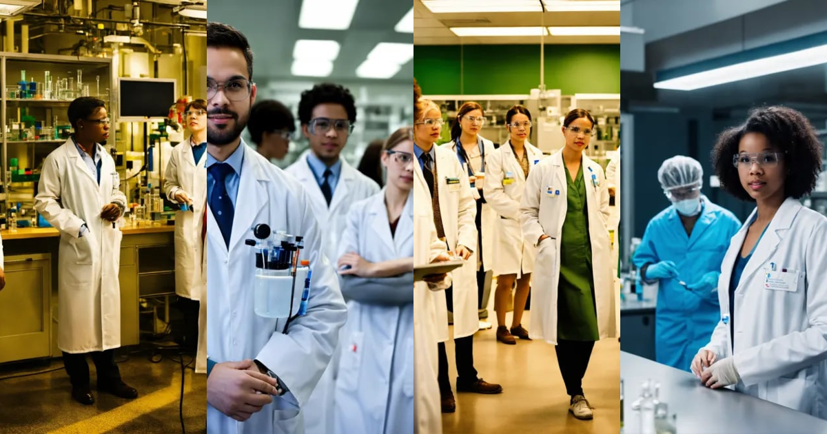 Lexica - A photo of a diverse group of multiple scientist wearing lab ...