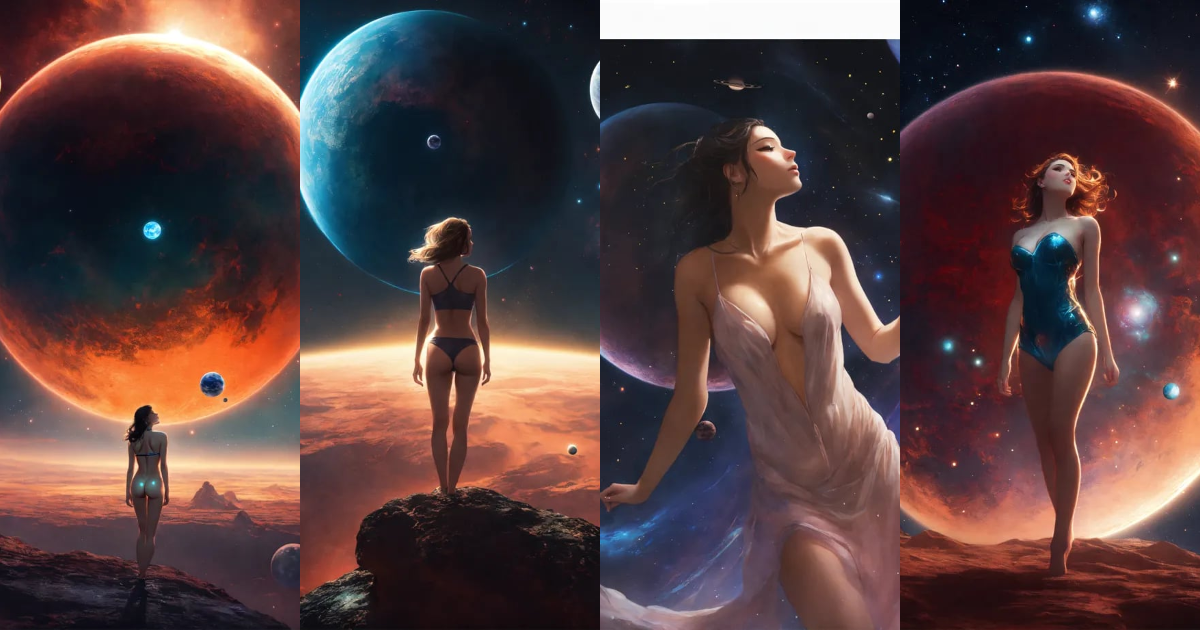 Lexica - A beautiful woman, barely clothed, floating in the void of space, a planet right behind her