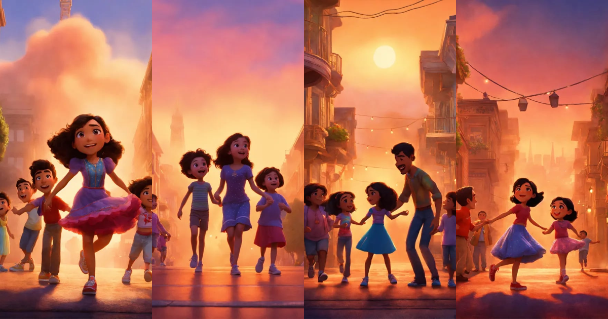 Lexica - Pixar animation of hispanic 9 year old Mia dancing with her family under the foggy San ...