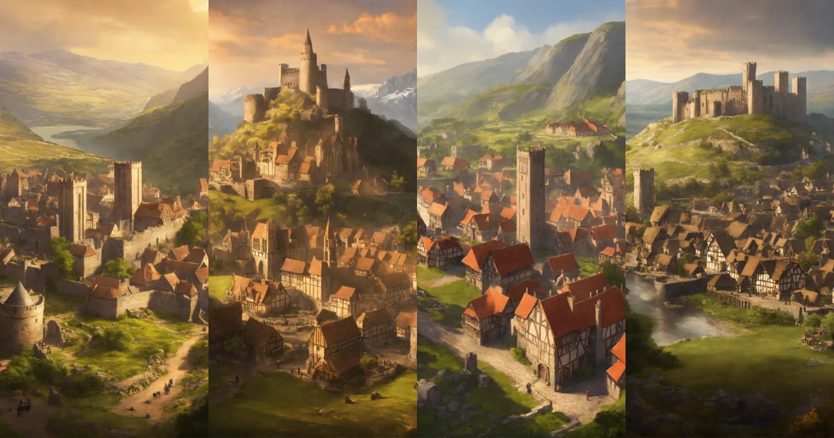 Lexica - An anglo saxon city with towers in mountainous terrain.