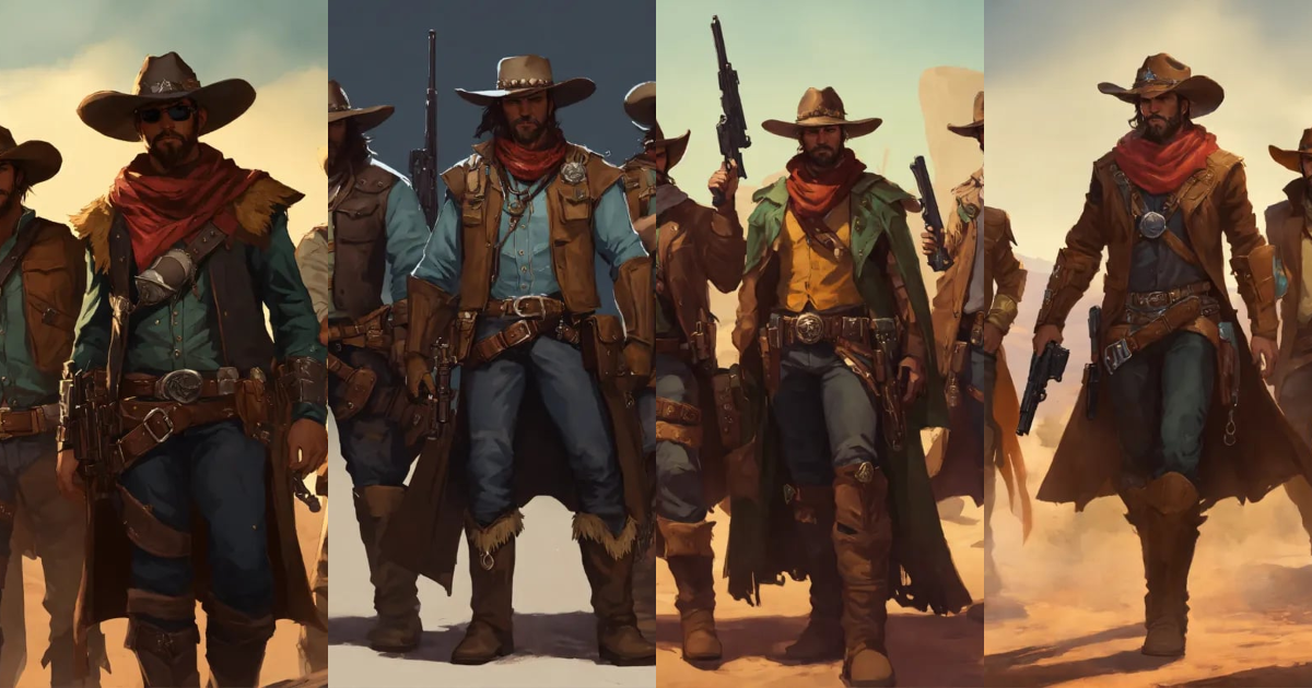 Lexica - Cowboy bounty hunter gang. D&D, fantasy, cinematic.