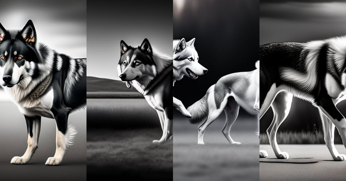 Lexica - Black and white image of a dog transitioning into a wolf. Hyperrealist style.
