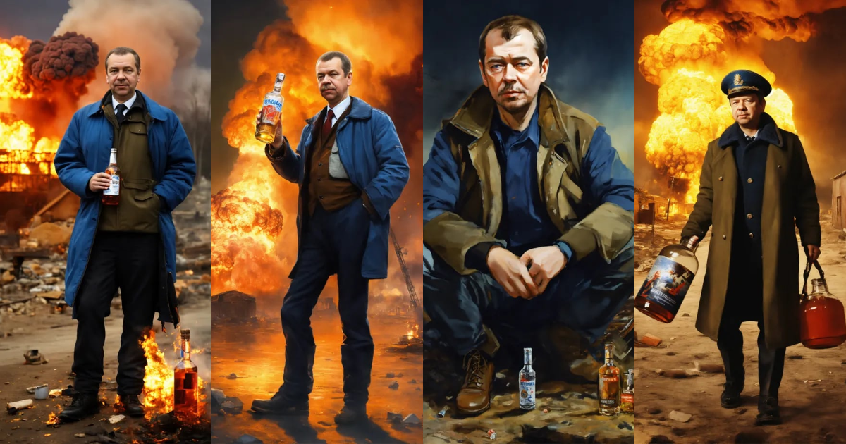Lexica - Dmitry Medvedev as hobo with bottle of vodka in hands and ...