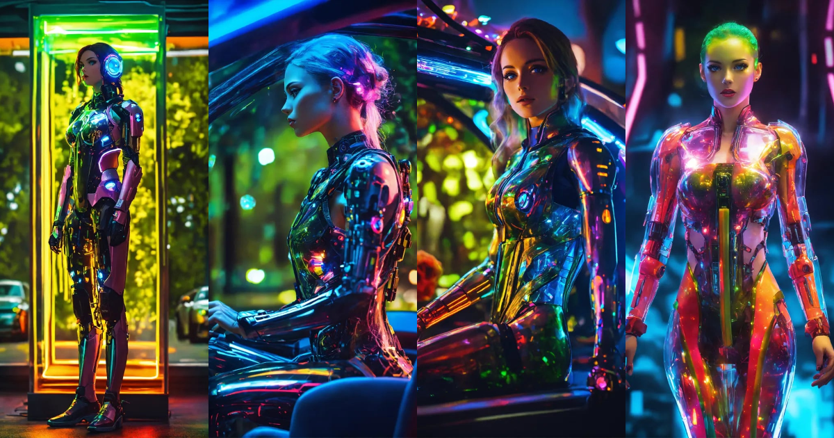 Lexica - Beautiful female cyborg in a neon smoke dress stuck in a glass ...