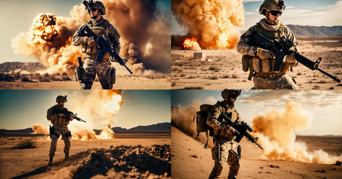 Lexica - Portrait of a lone solder with an AR-15 in the desert ...