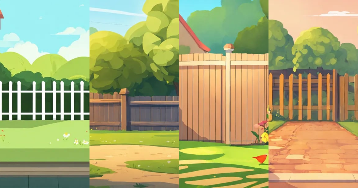Lexica - Yard, clearing, fence in the background, 2d, flat design, cartoon