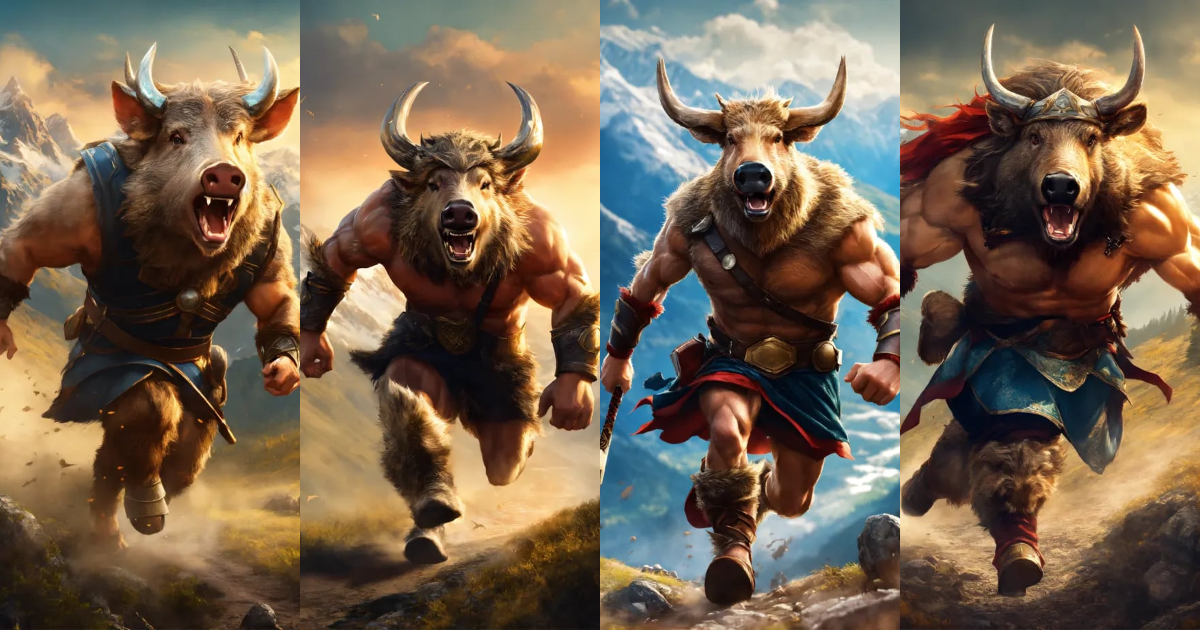 Lexica - Humoristic thor body mixed with wild boar head running in ...