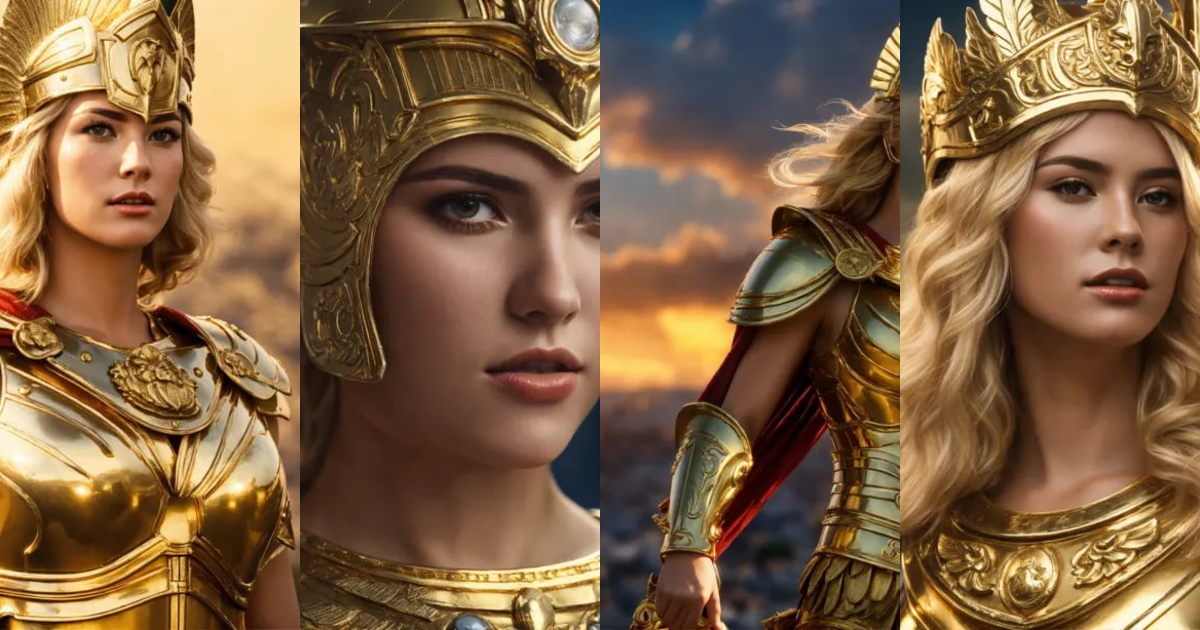 Lexica - Vivacious Greek goddess Athena with blonde hair, gold armor ...