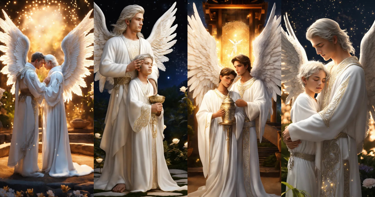Lexica - 2 male guardian angels with detailed and luminous white angel wings. 1 male angel of 30 ...