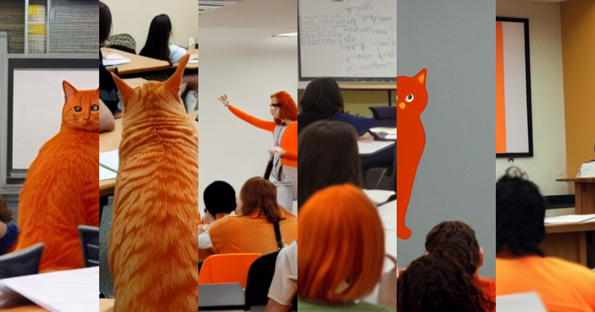 Lexica - An orange cat, with glasses on, teaching a philosophy class
