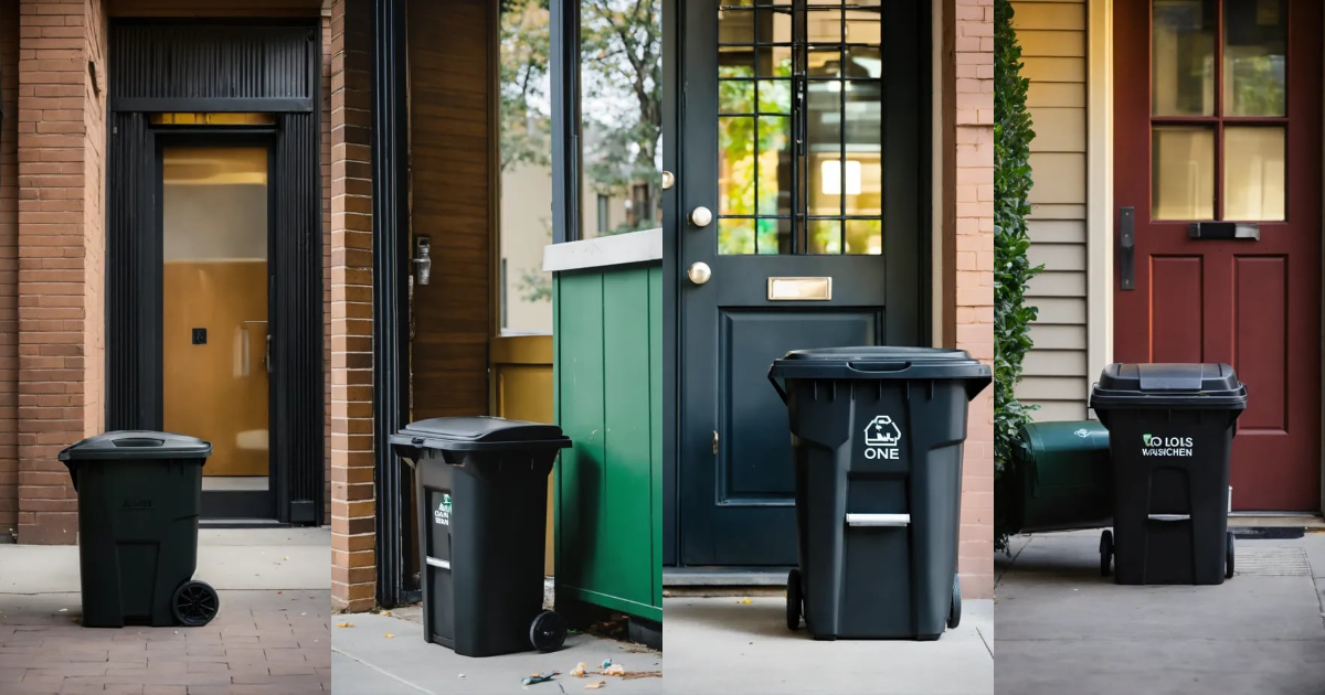 Lexica - One small black kitchen trash can outside of apartment door ...