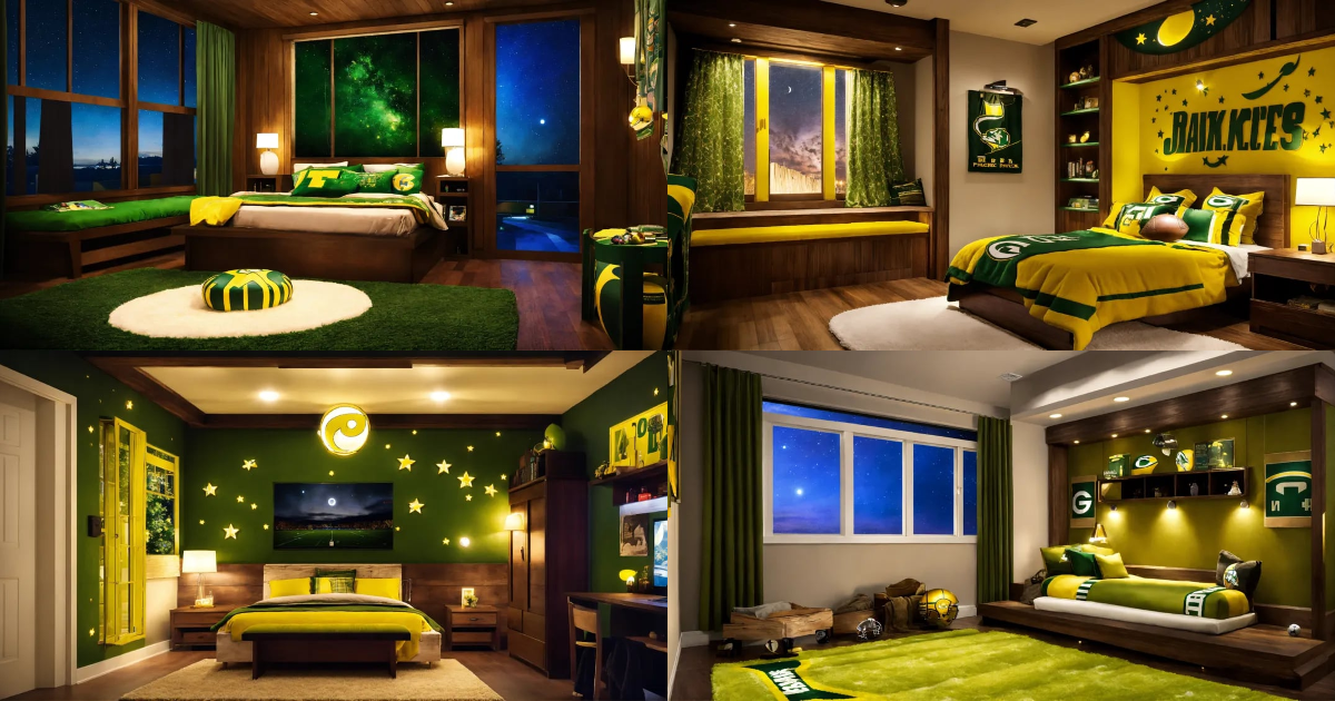 Lexica - Green bay packer theme bedroom, fluffy yellow rug, dark wood ...