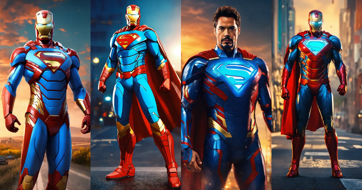 Lexica - Iron Man as Superman full-body, colorful background, blue ...