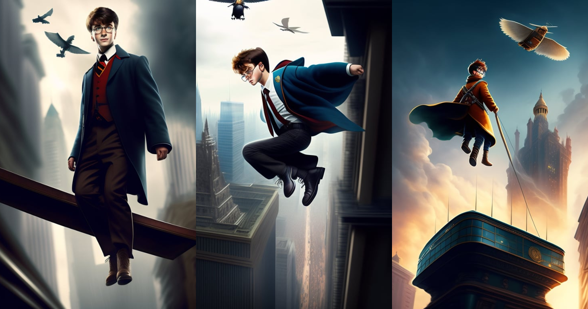 Lexica - A young man flies on a steel broomover the city, harry potter