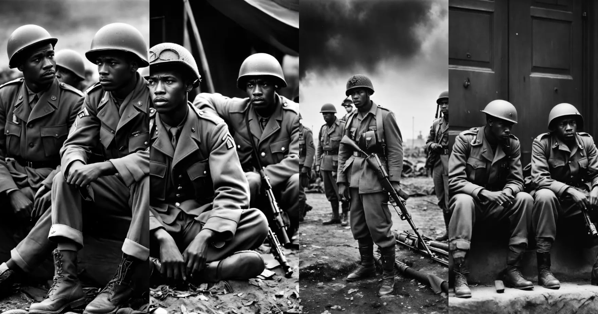 Lexica - Sad black soldiers in World War II, black and white photo