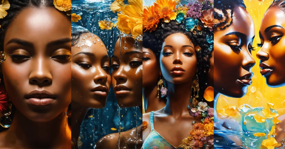 Lexica - Two Afrocentric women, one made of glass with water flowing ...