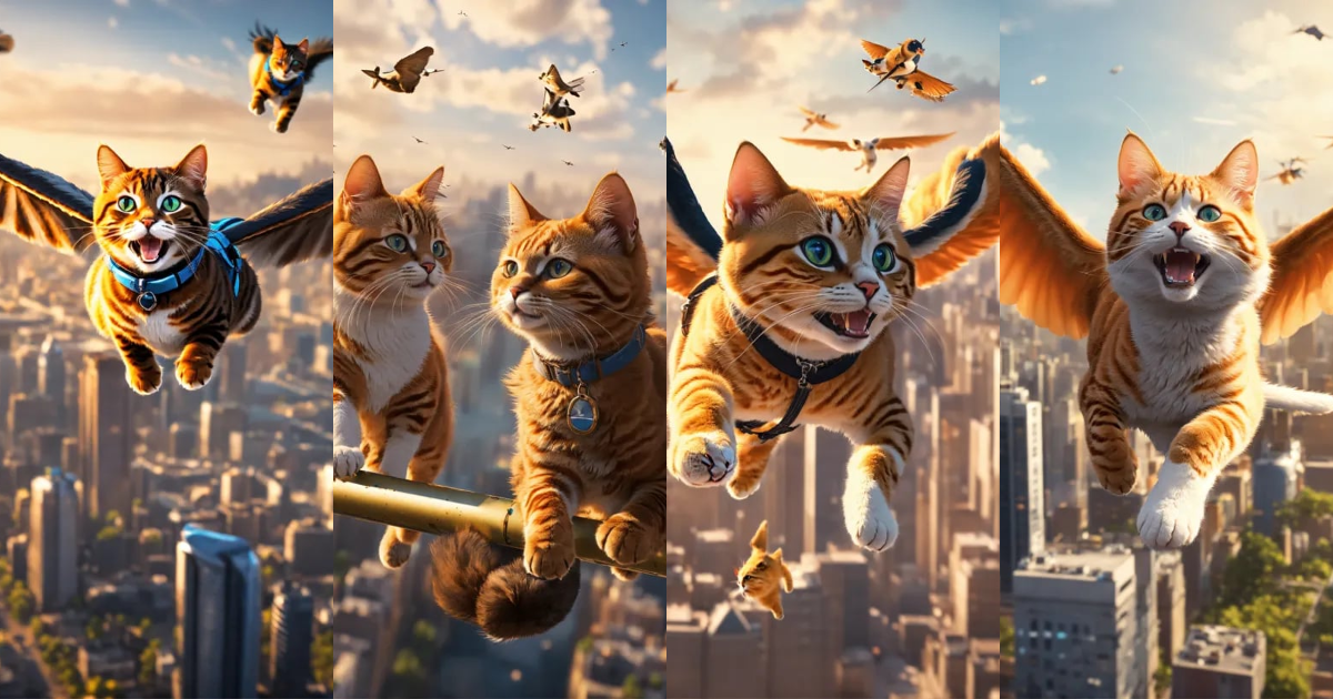 Lexica - Medium close-up, Smiling cats flying over the city, highly ...