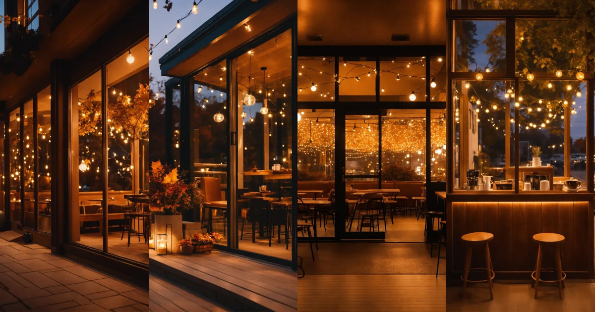Lexica - Coffee shop in a warm setting, string lights, night time ...