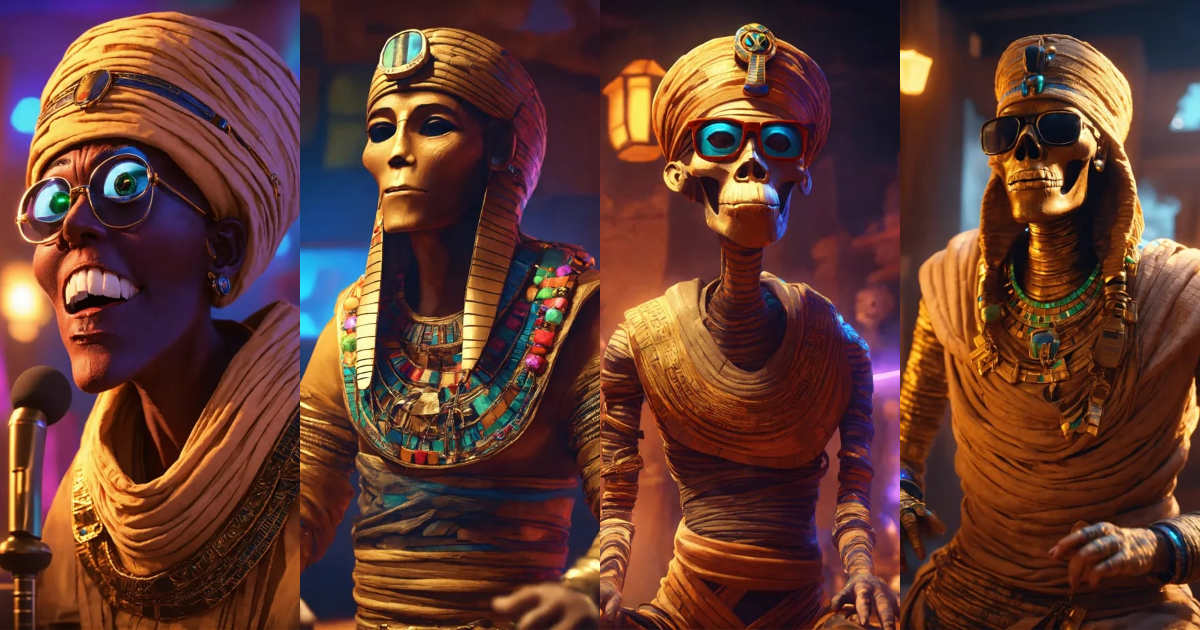 Lexica - An old egyptian mummy singing rap music, happy, dressed like a ...