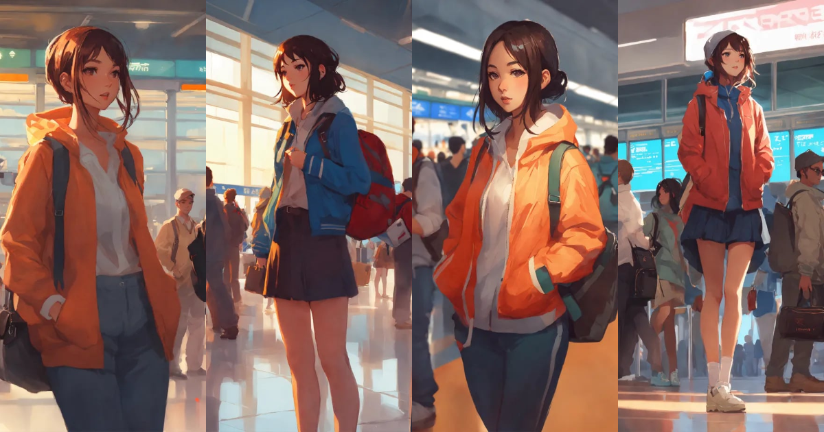 Lexica - Cute anime woman waiting in line at an airport, comfy clothing ...