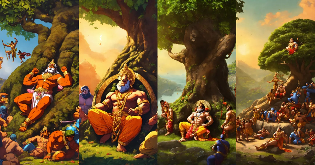 Lexica - Lord Hanuman sleeping under a Tree and all Avengers trying to ...