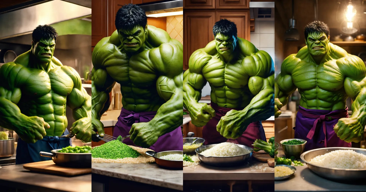 Lexica - Realistic, Hulk becomes a chef, coocking rice in the kitchen ...