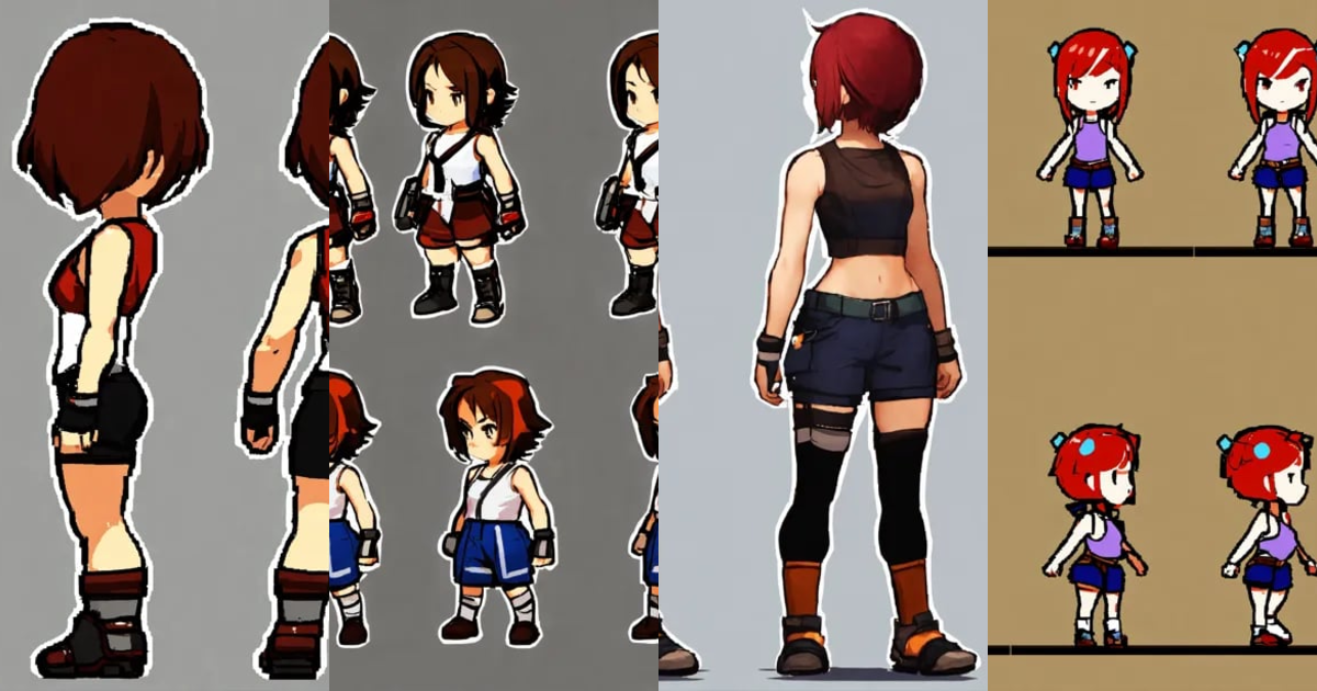Lexica - Game assets, sprite sheet, girl, short hair, tank top, shorts ...