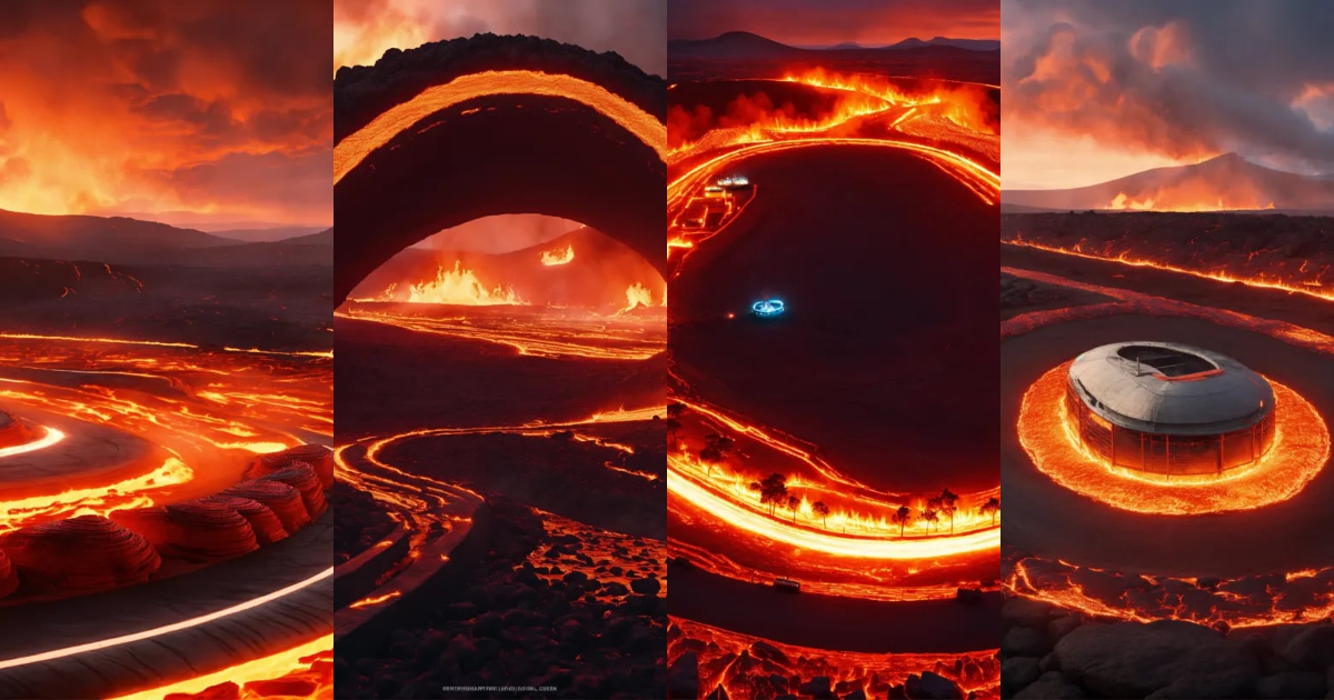 Lexica - A high speed oval racetrack amidst a lava flow scene, alive ...