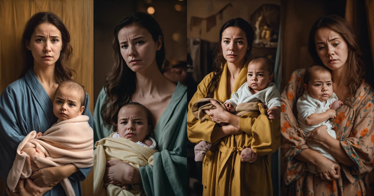 Lexica - A sad woman in a housecoat with a sad and pitiful face holds ...